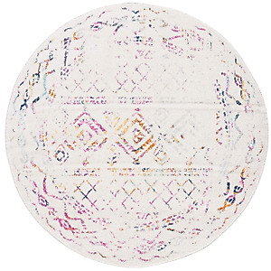 SAFAVIEH Tulum Collection 6'7" Round Ivory / Fuchsia TUL268E Moroccan Boho Distressed Non-Shedding Dining Room Entryway Foyer Living Room Bedroom Area Rug