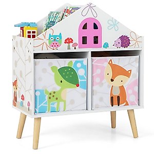 HONEY JOY Toy and Book Organizer for Kids, Wooden Stand Bookcase w/ 2 Storage Bins, Children Toy Storage Chest Box w/Elevated Solid Wood Legs, Toy Storage Unit Organizer for Playroom (White)