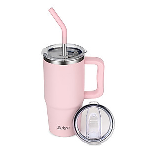 Zukro 24 oz Tumbler with Handle and Straw, Insulated Coffee Travel Mug with 2 Lids, Keep Drinks Hot and Cold, No Sweat Leak Proof Stainless Steel Cup, Dishwasher Safe, Pink