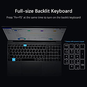 VGKE F15 Windows 11 Laptop with Fingerprint Reader, 15.6" Full HD 1920*1080 IPS, Intel Celeron N5100 Processor Quad-Core, 12GB RAM LPDDR4, 256GB SSD, Full Size Backlit Keyboard