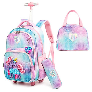 JSMNIAI Unicorn Rolling Backpack for Girls Backpack with Wheels Kids Trolley School Bags Trip Luggage with Lunch Box for Elementary Girls Travel Purple Suitcase