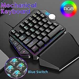 UrChoiceLtd One-Handed RGB Mechanical Gaming Keyboard,Upgrade Multimedia Knob USB Wired Professional Gaming Keypad with Macro Function, Detachable Wrist Rest For PC/Xbox/PS4 (Black/Blue Switch)