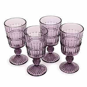 American Atelier Vintage Purple Beaded Glasses | Set of 4 | Water Tumblers | Barware Glasses | Wine Goblets | Colored Vintage Style Glassware | Embossed Design | Dishwasher Safe (Wine Glasses, Purple)