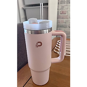 Acuewuja 30oz/890ml Tumbler With Handle, Lid, Straw And Silicone Boot Reusable Double Wall Vacuum 18/8 Stainless Steel Coffee Travel Mug Portable Insulated Beer Cup (Rose Quartz)