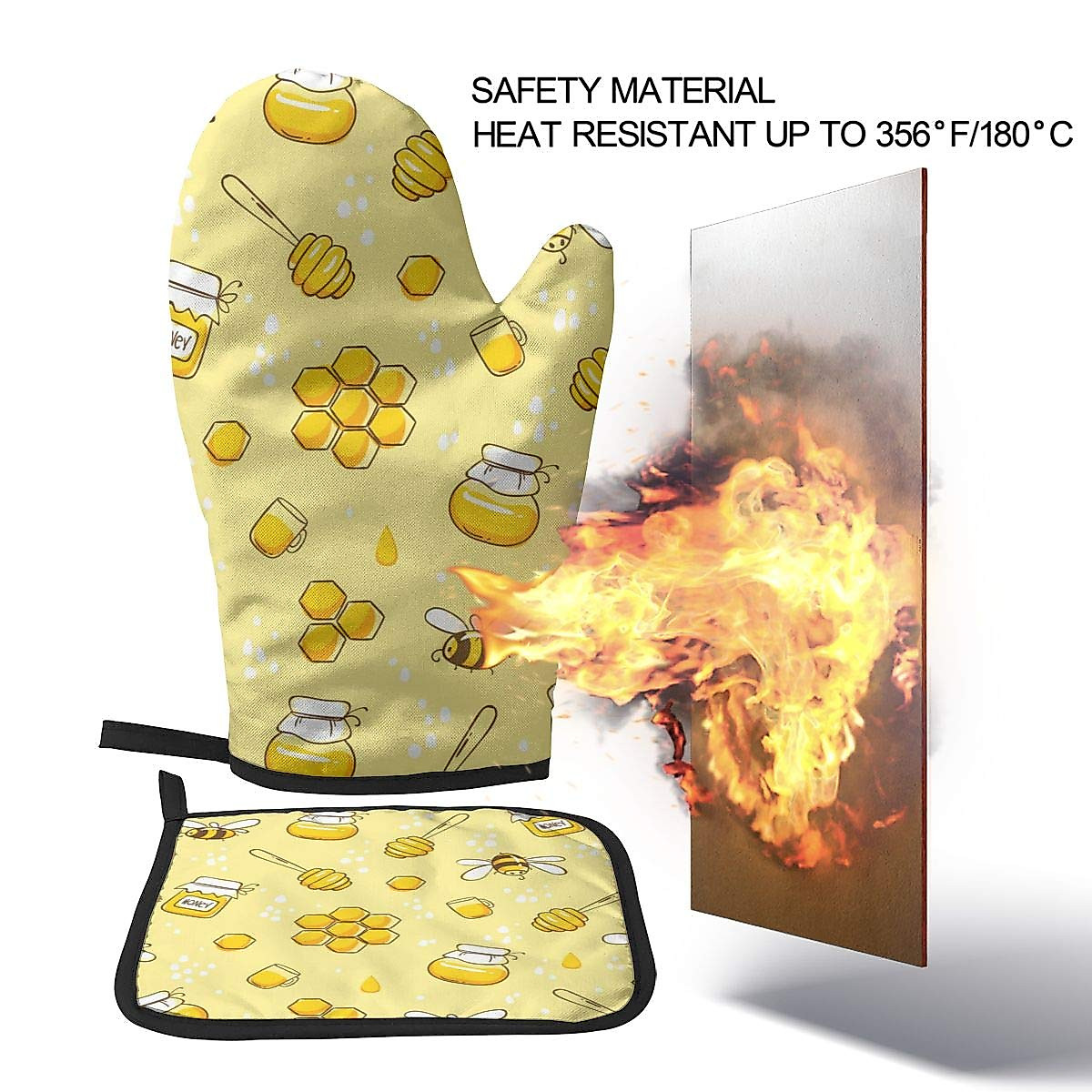Bee Oven Mitts and Pot Holders Sets Heat Resistant Oven Gloves with Non-Slip Surface for Reusable for Baking BBQ Cooking