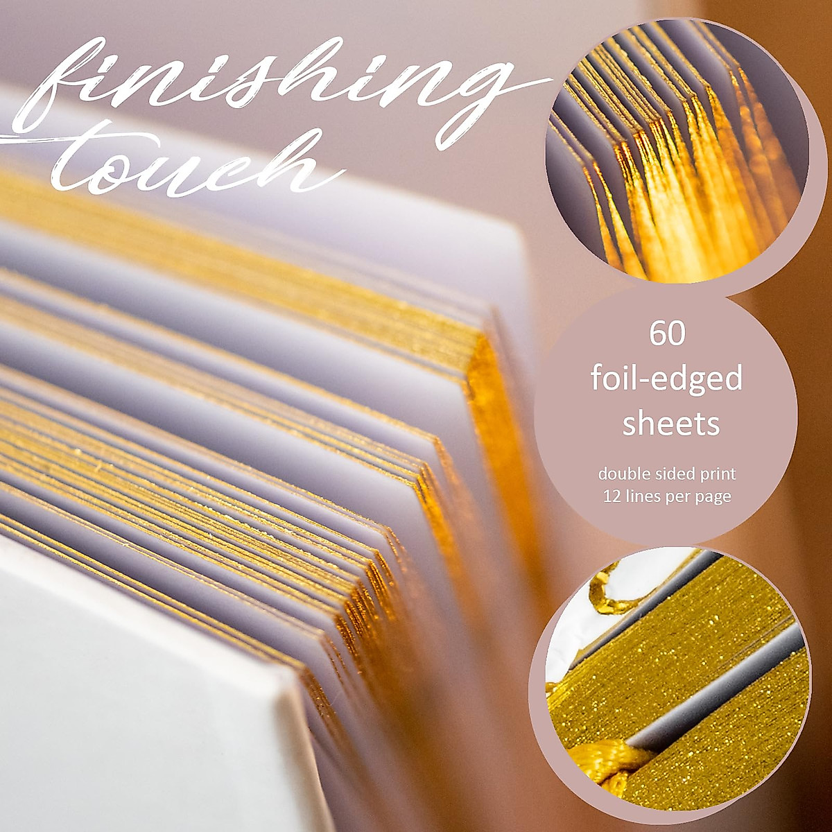 GSM Brands Wedding Guest Book, Simple Flower Bloom Line Art, 9 x 7 60 Lined Guestbook Pages, Elegant Gold Foil Embossed Design with Gold Page Edges