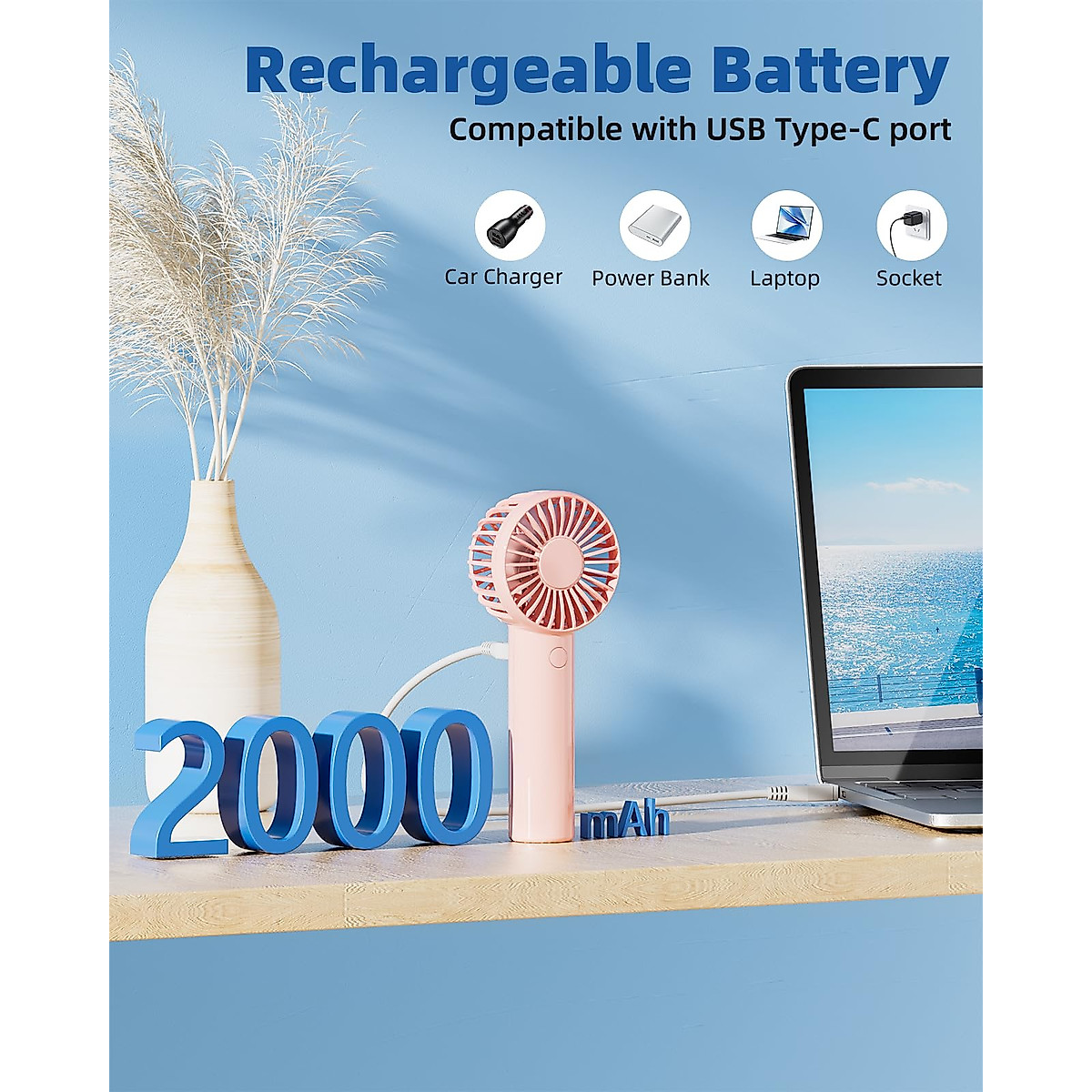 Edvision Mini Handheld Fan, Powerful Portable Fan 3 Speeds, USB Rechargeable Small Hand Fan, Personal Fan Battery Operated, Cute Design Makeup Eyelash Fan for Stylish Girls Women Kids Outdoor Travel