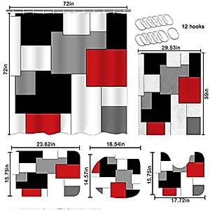 KINUUIS 5PC Geometric Bathroom Shower Curtain Sets,Red Grey Black Bathroom Sets with Rugs and Bath Towels and Accessories,Abstract Shower Curtain Set for Bathroom Decoration
