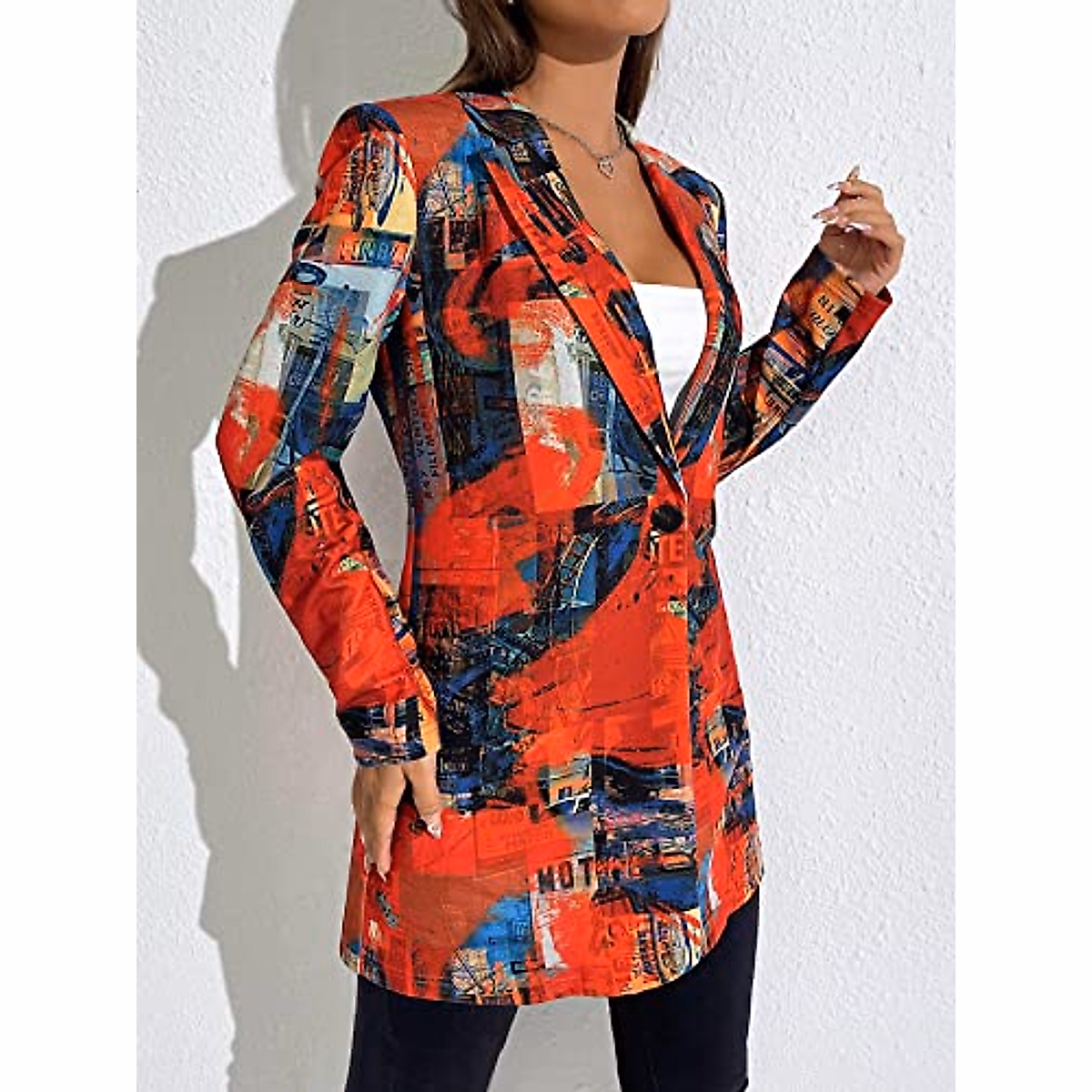 WDIRARA Women's Letter Graphic Print Button Front Blazer Long Sleeve Casual Jacket Multicolor XS