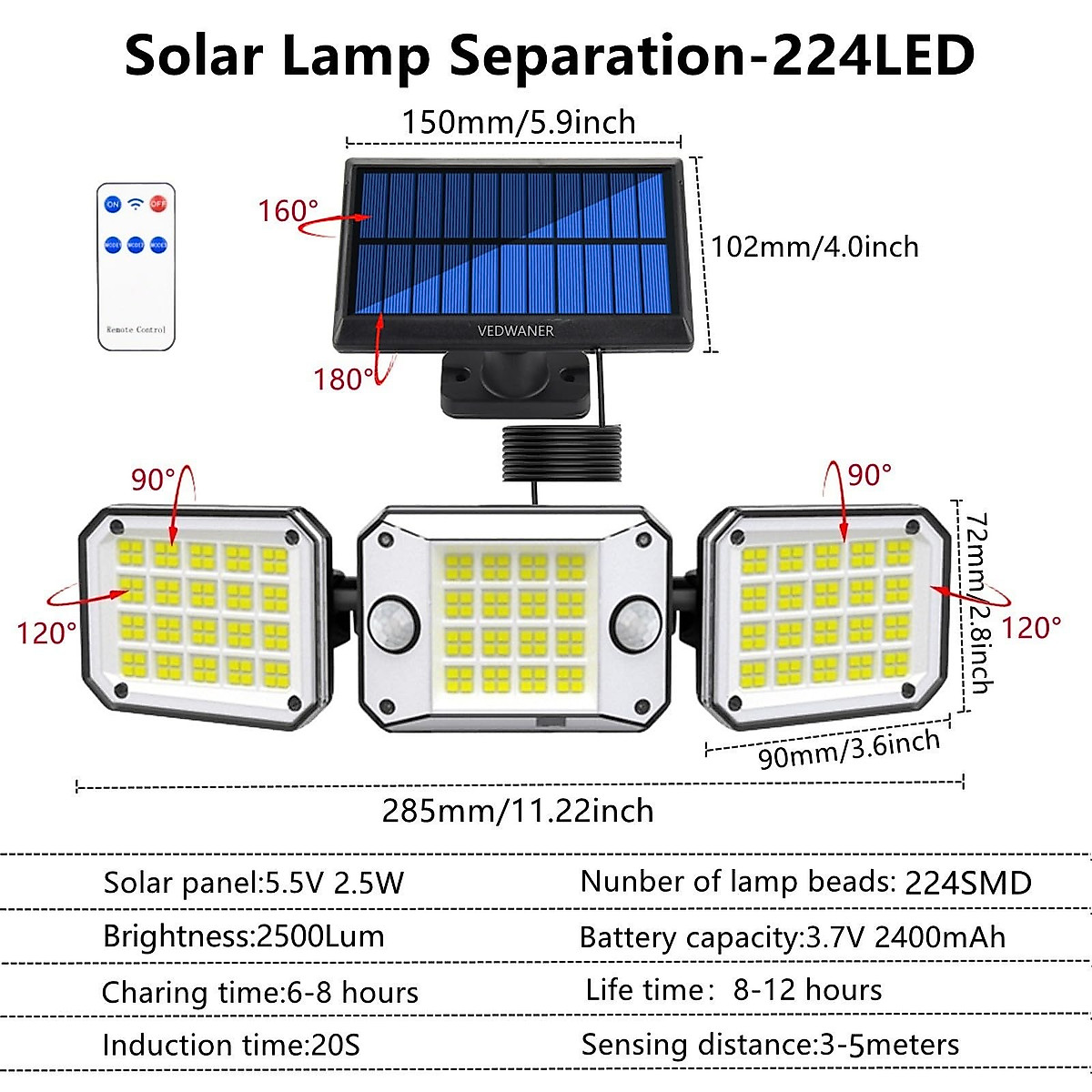 Solar Light for Outside,Solar Security PIR Motion Lights Outdoor Bright Flood Wall 270°Spotlights 2400mAh & Wireless Dual Sensor, Waterproof Lighting for Garden Yard Patio(2Pack Integrated)