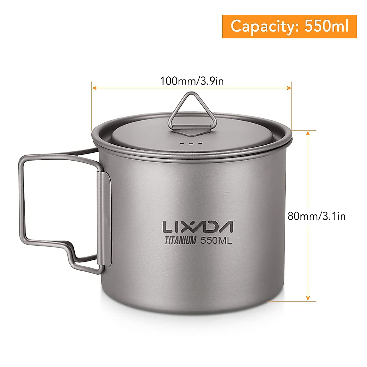 LIXADA Titanium Pot, Lightweight Camping Pot Titanium Cup Titanium Backpacking Pot with Portable Foldable Handles for Outdoor Camping Hiking Backpacking