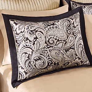 Madison Park Aubrey Cozy Comforter Set, Faux Silk Jacquard Paisley Design - All Season Down Alternative Bedding with Cotton Bed Sheets, Bed Skirt & Toss Pillows, King Black 12 Piece