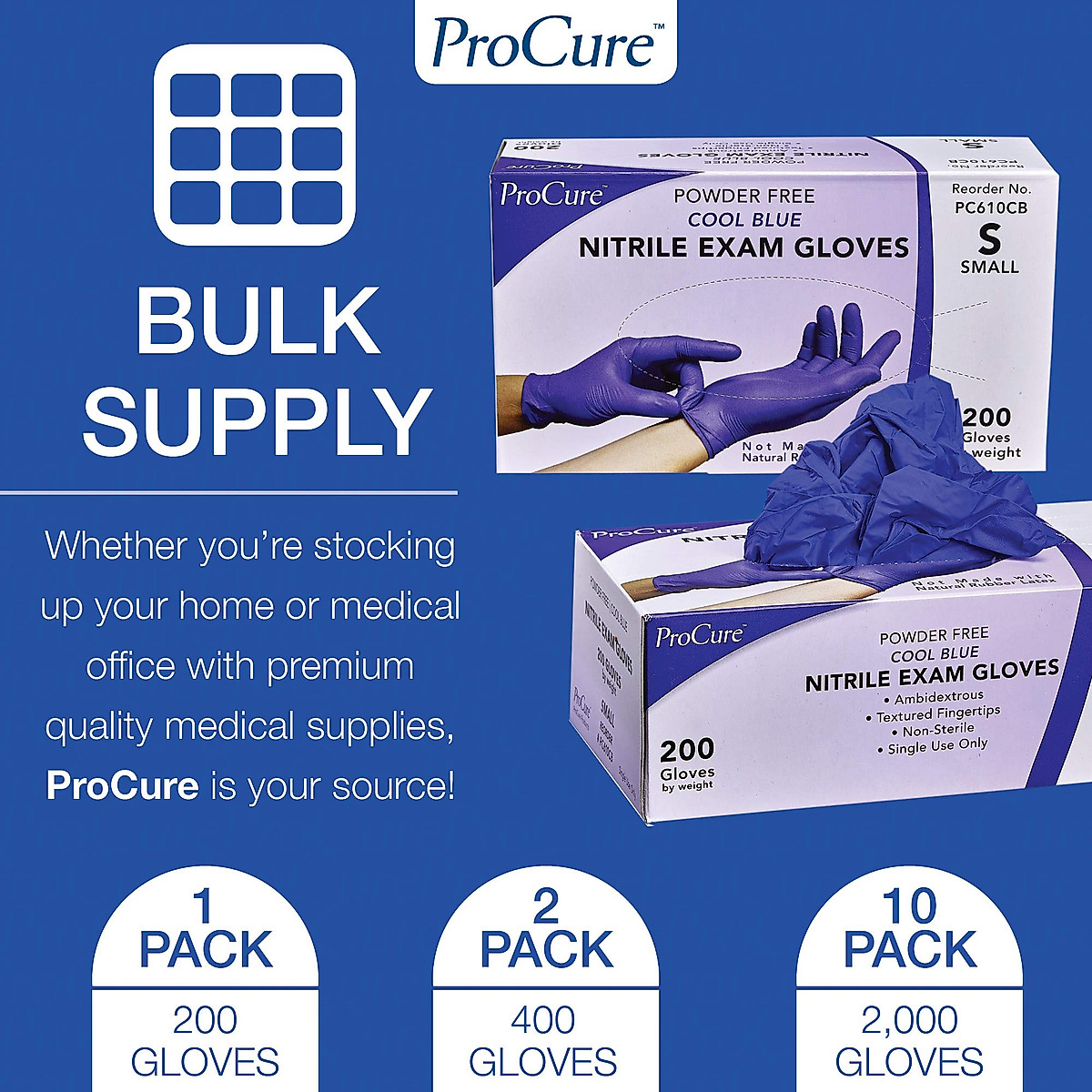 ProCure [200 Count Disposable Nitrile Gloves X-Large - Powder Free, Rubber Latex Free, Medical Exam Grade, Non Sterile, Ambidextrous - Soft with Textured Tips - Cool Blue