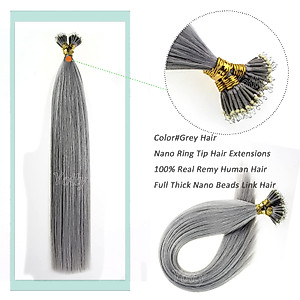 Nano Ring Hair Extensions Human Hair Keratin Cold Fusion Nano Tip Micro Nano Beads Link Thick Hair Balayage Highlight Ombre Real Remy Hair 1g/s (20inch100gr100s, Silver Gray)