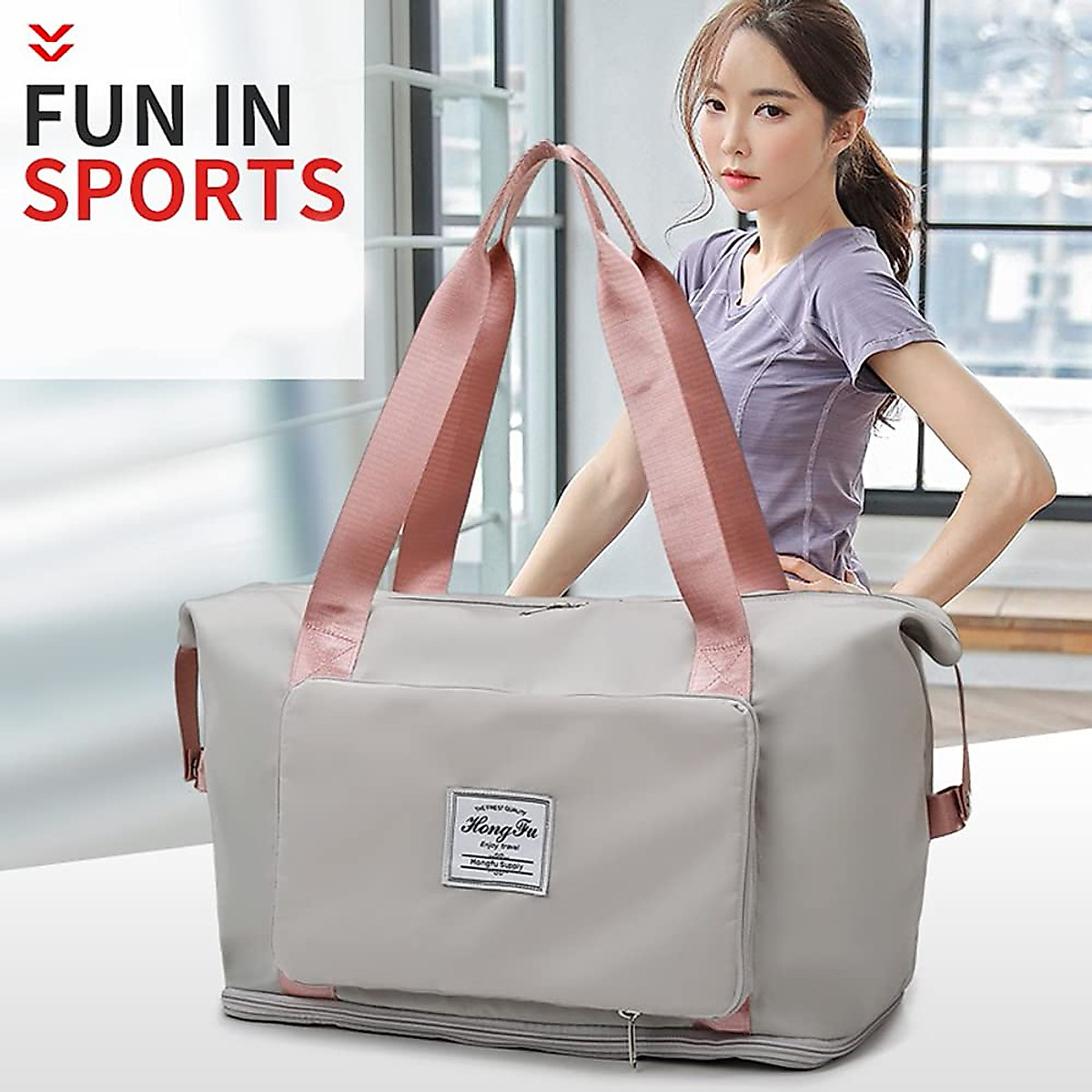 holygloomy Large Capacity Folding Travel Bag, Dry&Wet Separation Handle Shoulder Bag Women Storage Lightweight Waterproof Foldable Carry Luggage for Sports, Gym, Vacation, Grey Pink, 42x28x22cm
