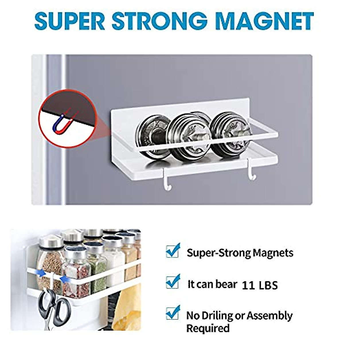 Gerguirry Magnetic Spice Racks White, Magnetic Shelves for Refrigerator Kitchen Shelf Organizers and Storage with 4 Removable Hooks Easy to Install（2 Pack