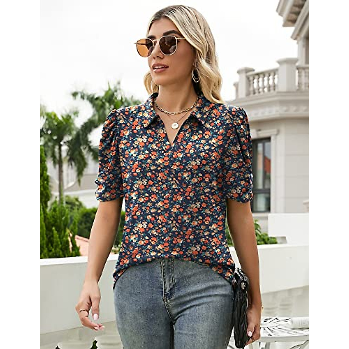 LOMON Womens Collared Shirts Puff Sleeve Polo Shirts Short Sleeve Summer Work Tops Navy Blue Floral XL