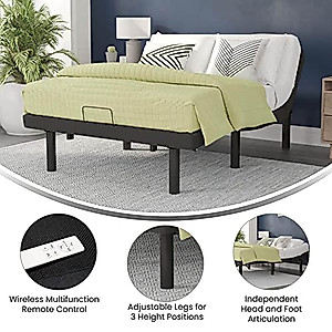 Flash Furniture Selene Adjustable Bed Base-Black Anti-Skid Upholstery-Height Adjustable Legs-Programmable Wireless Remote-Independent Head/Foot Incline-Full