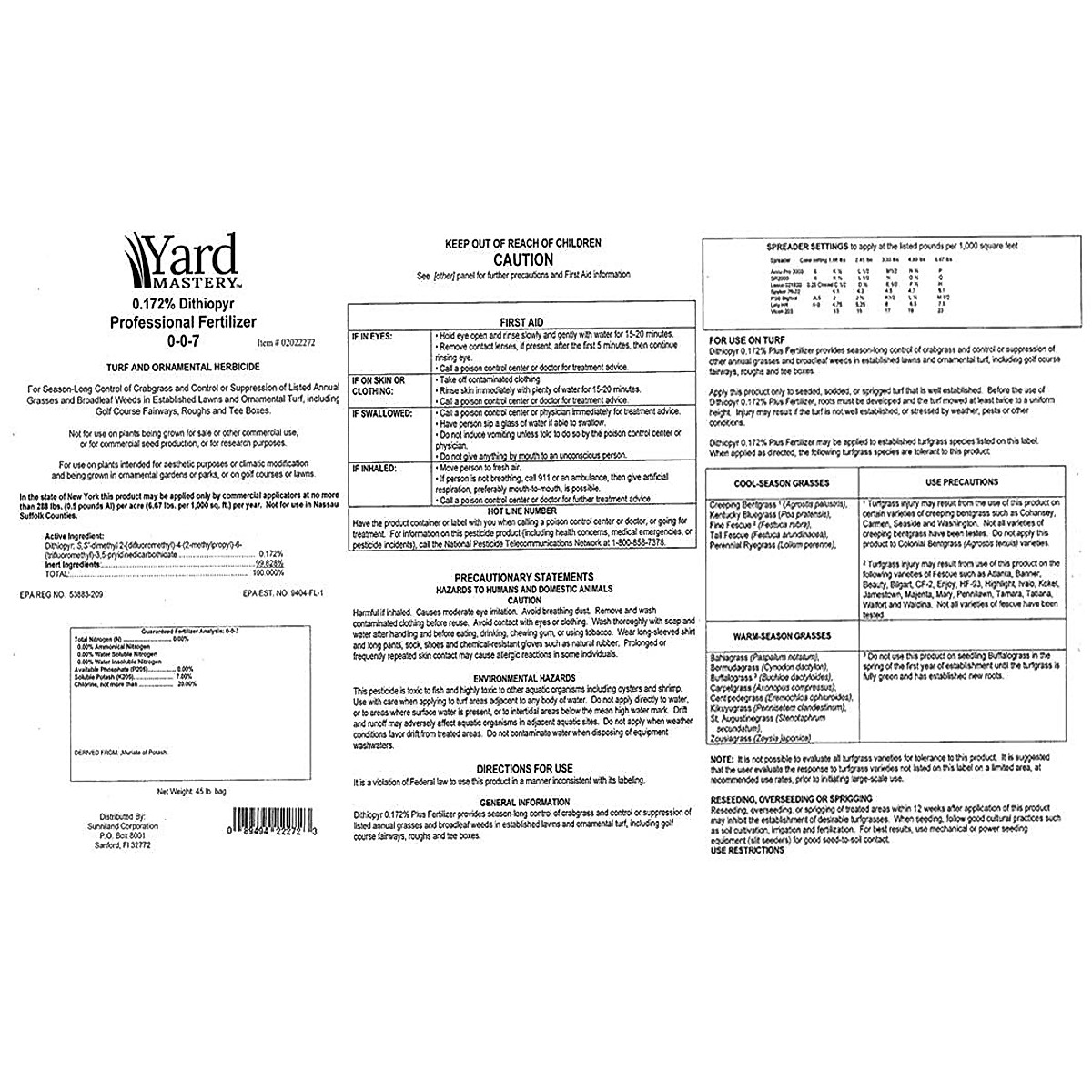 Yard Mastery Dithiopyr Pre-Emergent Herbicide with Fertilizer 0-0-7-45 lbs - Prevent Crabgrass and Annual Bluegrass POA Annua and Other Broadleaf Weeds with 7% Potash for Stress Recovery