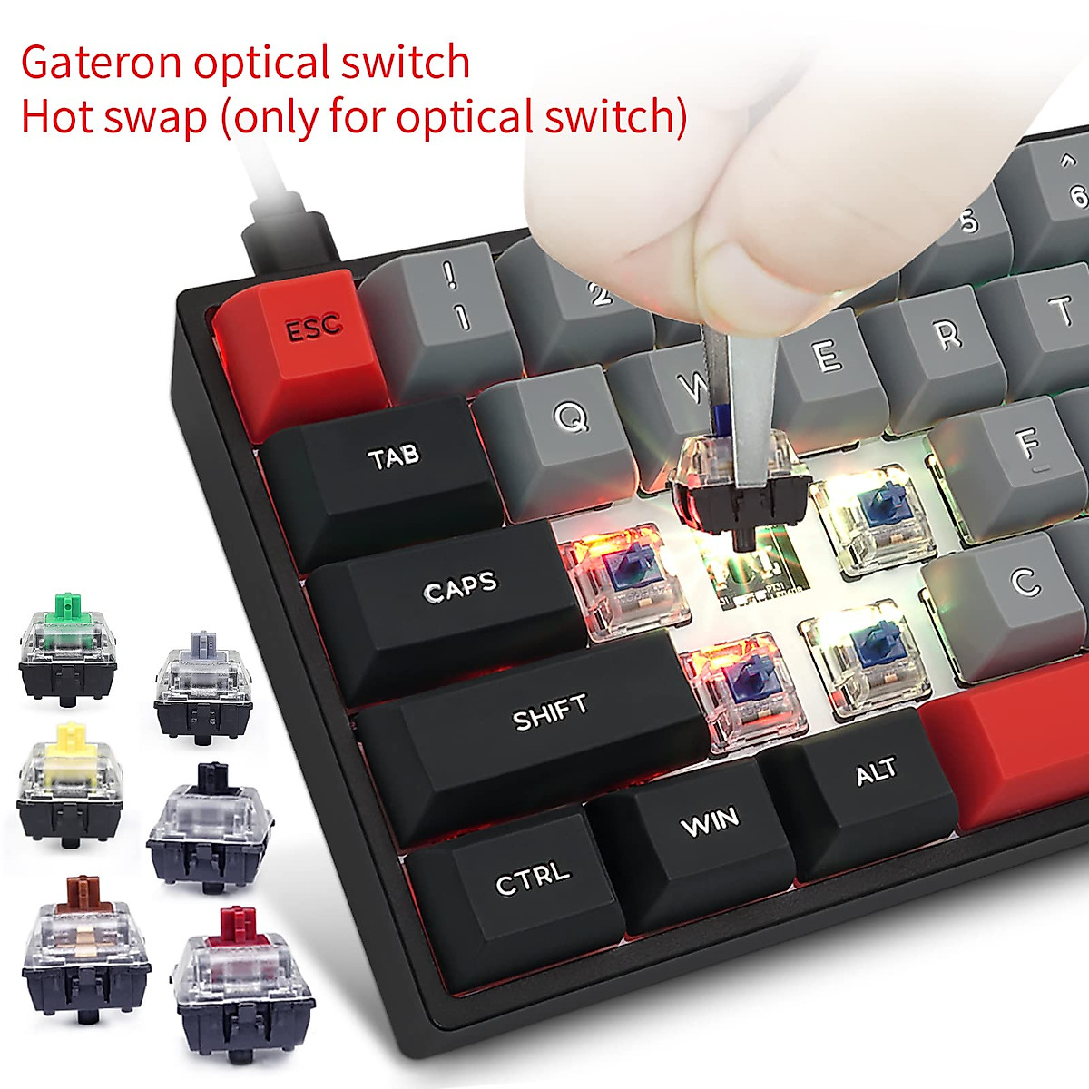 Guffercty kred GK61 60% Mechanical Keyboard 60 Percent Custom Hot Swappable Gaming Keyboard with RGB Backlit NKRO Type-C Cable for Win/PC/Mac (Gateron Optical Red, Dolch)