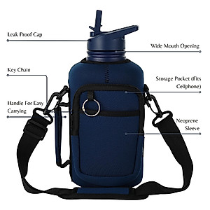 Thermosis 64 Oz insulated water bottle Stainless Steel Water Bottle with Straw & Holder Strap - Includes 2 Lids water bottles - Leak Proof coldest water bottle for Men & Women - Navy Blue