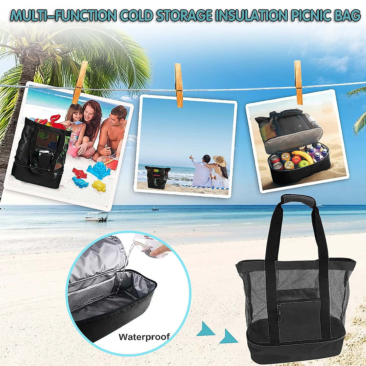 Multi-Function Picnic Thermal Preservation Bag Beach Bag Double-Layer Thermal Insulation Mesh Zipper Beach Picnic Bag (Black, 20inch x 16inch x 6inch )