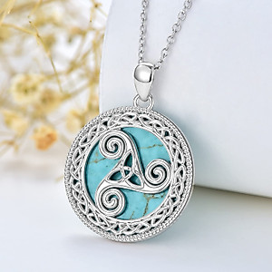 BETHZA Triple Spiral Celtic Necklace 925 Sterling Silver Genuine Turquoise Irish Knot Pendant Lucky Jewelry Gifts for Women Christmas St. Patrick's Day