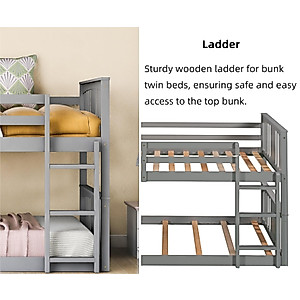 Merax Kids Bunk Bed Twin Over Twin, Wood Low Floor Bunkbed with Stairs Guardrail for Boys, Girls, Toddlers, No Box Spring Required, Grey