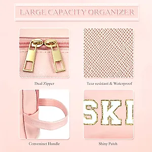 BYXEPA Makeup Bag Preppy Cosmetic Bag with Net Pocket SKIN Letter Patch Bags Waterproof Compliant Bag Case for Gift Daily Travel Use Accessories