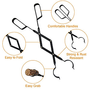 VODA Fire Poker and Fireplace Tongs Set - 31" Campfire Poker with Blow Poke Function, 24" Firewood Tongs, 2 Part Assembled Fire Pit Poker, Log Grabber for Firepit Bonfire Wood Stove Fireplace