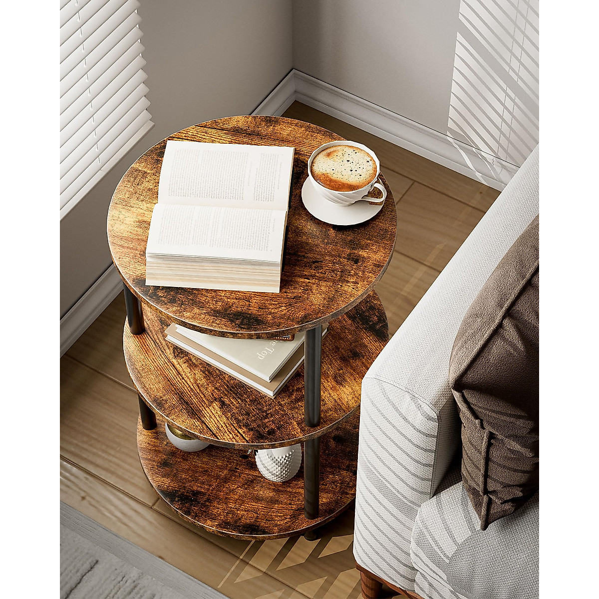 RISWER Round Side Table Living Room - Small Accent Table with 3 Tier Shelves, Rustic Wooden Couch End Table for Bedroom or Living Room, Reinforced Metal Legs, Easy to Assemble, Rustic Brown