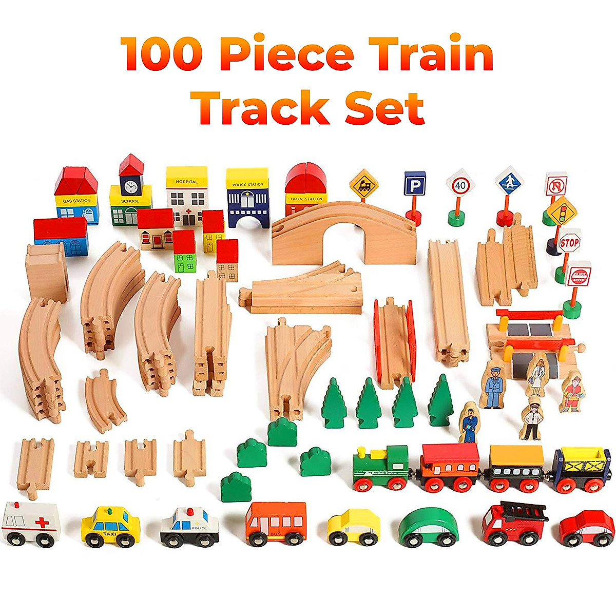On Track USA Wooden Train Set 100 Piece All in One Wooden Toy Train Tracks Set with Magnetic Trains and Railway Accessories, Comes in A Clear Container, Compatible with All Major Brands
