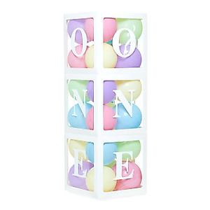 One Boxes for 1st Birthday WITH 24 Balloons for 1 Year Old Party - Baby first Birthday Decorations Clear Cube Blocks 'ONE' Letters as Cake Smash Photoshoot Props in Pastels Rainbow Unicorn Theme