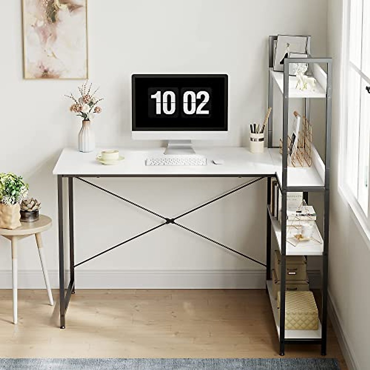 CubiCubi Computer Corner Desk with Storage Shelves, 47 Inch Small L Shaped Computer Desk, Home Office Writing Desk with 2 Hooks, White