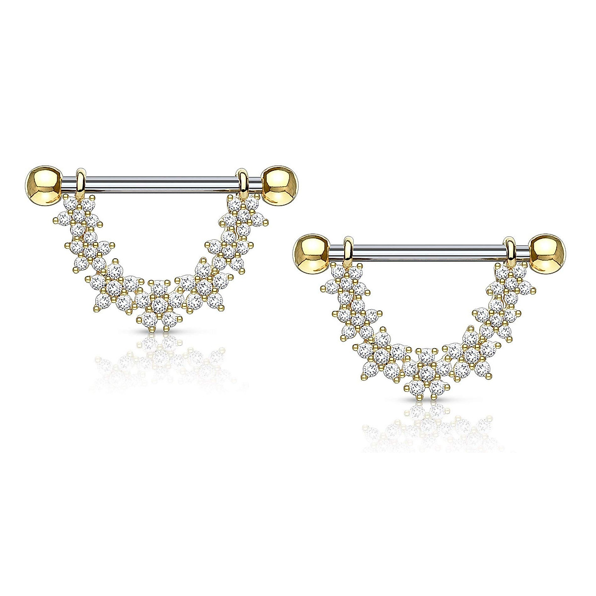 Forbidden Body Jewelry Pair of Surgical Steel 9/16 Inch CZ Flower Daisy Chain Dangle Nipple Barbells, Gold Tone