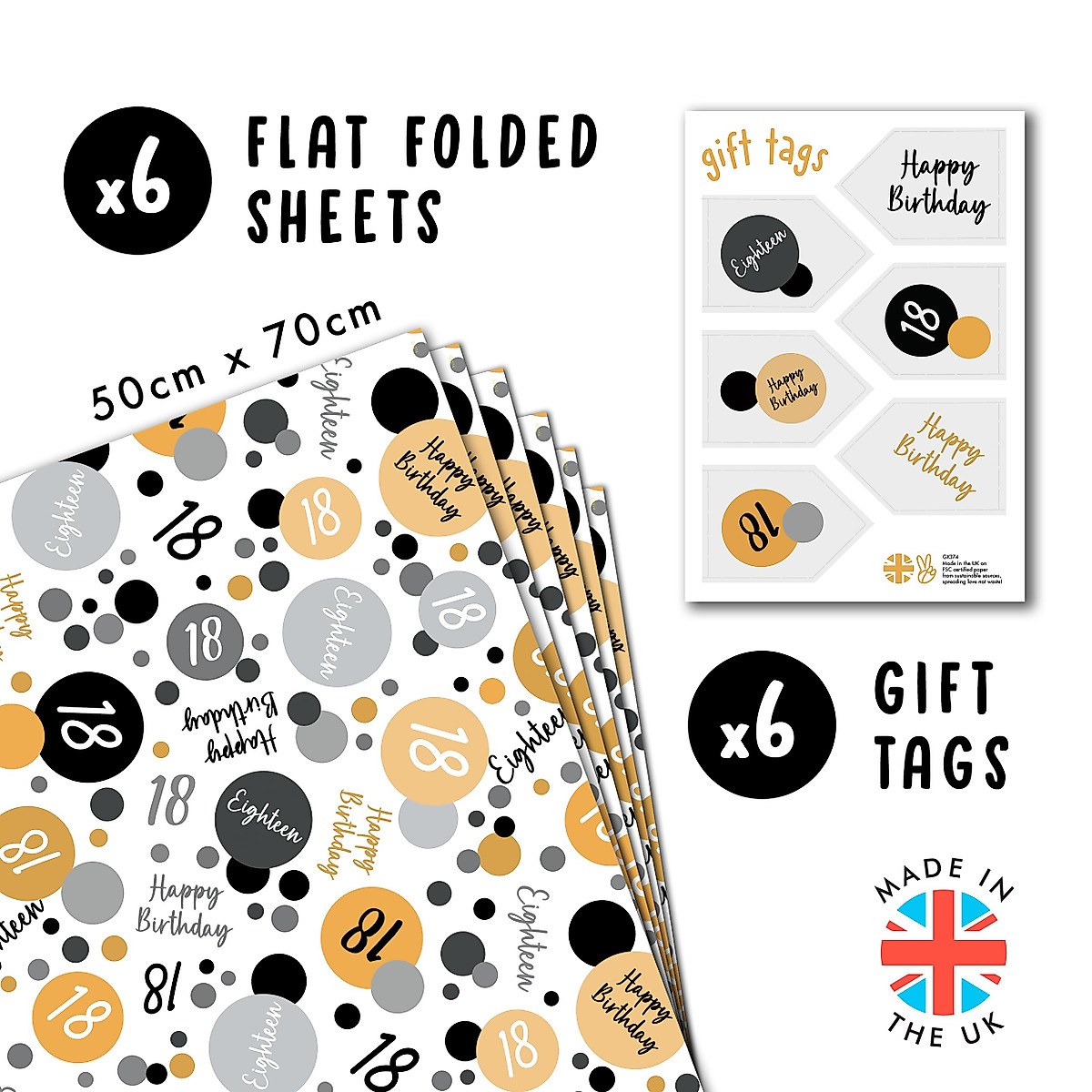 CENTRAL 23 Girls Wrapping Paper - 6 Sheets of Gift Wrap - 18th Birthday Wrapping Paper for Men Women - Black Gold - Dots - Age 18 - For Friends - Comes with Fun Stickers