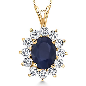 Gem Stone King 2.39 Cttw 18K Yellow Gold Plated Silver Blue Sapphire and White Zirconia Pendant Necklace For Women | Gemstone September Birthstone | Oval 8X6MM | With 18 Inch Chain