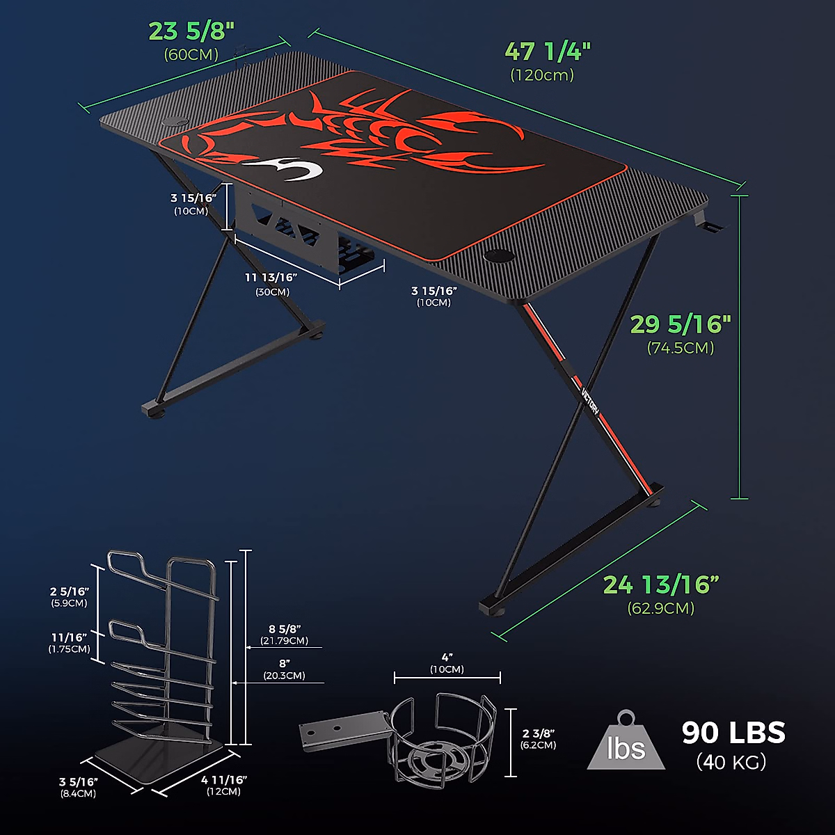 It's_Organized Gaming Desk 47 inch PC Computer Desk Home Office Student Desk X-Shaped with Mouse Pad Cup Holder Headphone Hook Handle Rack,Black