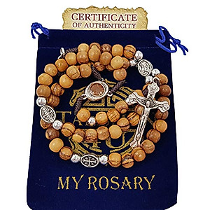 TALISMAN4U Olive Wood Rosary Beads Catholic Necklace with Jerusalem Holy Soil & Certificate in Blue Velvet Rosary Pouch