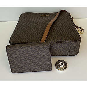 Michael Kors MICHAEL Michael Kors Jet Set Travel Large Messenger Crossbody bundle with Passport Case Purse Hook (Signature MK Brown)