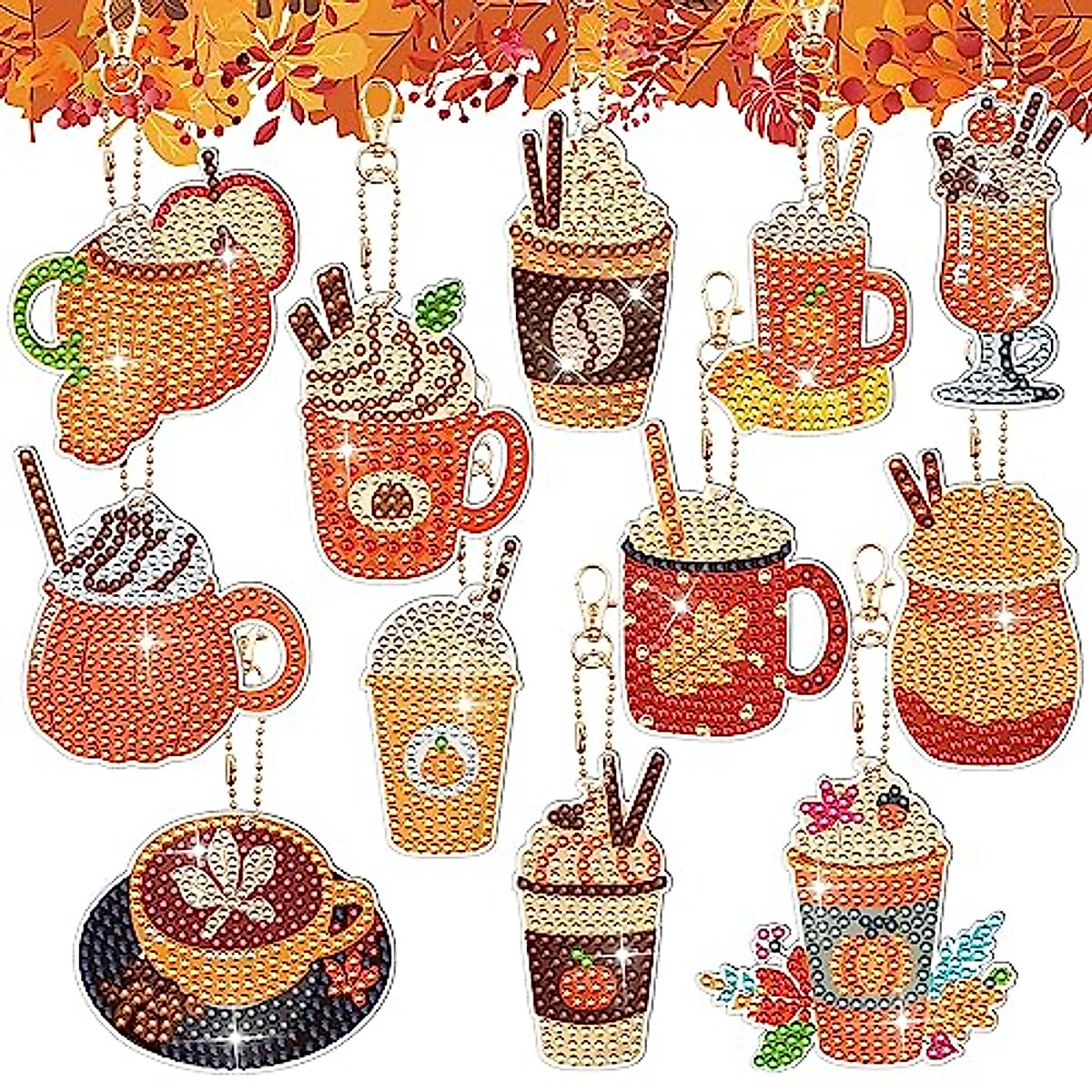 Augisteen 12 Pieces Fall Diamond Painting Keychains Fall Cocoa Diamond Art Key Rings DIY 5D Diamond Ornaments Fall Drinks Coffee Hanging Pendants Double Sided for Autumn Thanksgiving Party Decor