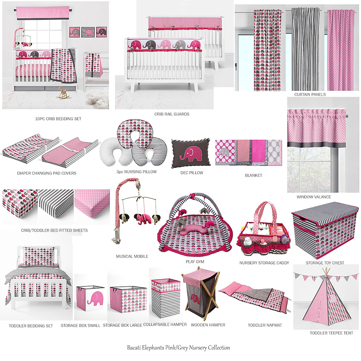 Bacati - Elephant Pink, Fuchsia, Grey 100% Cotton Girls Universal Baby Crib or Toddler Bed Fitted Sheet