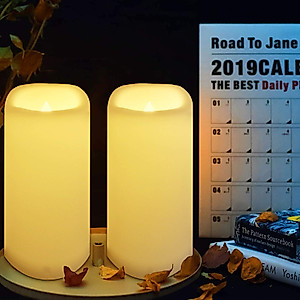 2 Pack Outdoor Flameless LED Pillar Candles Battery Operated Flickering Lights with Timer Plastic Resin Lights for Christmas Home Garden Decoration Baby Birthday Party Bridal Shower Decor 4x10 Inches
