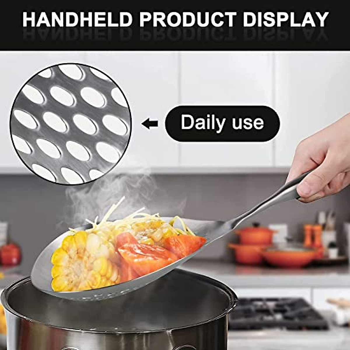Skimmer Slotted Spoon - YAHAFI 304 Stainless Steel Food Grade Filter Spoon with Comfort Handle and Hanging Holes, Spider Strainer Skimmer for Kitchen Cooking Draining and Frying (15 Inch)