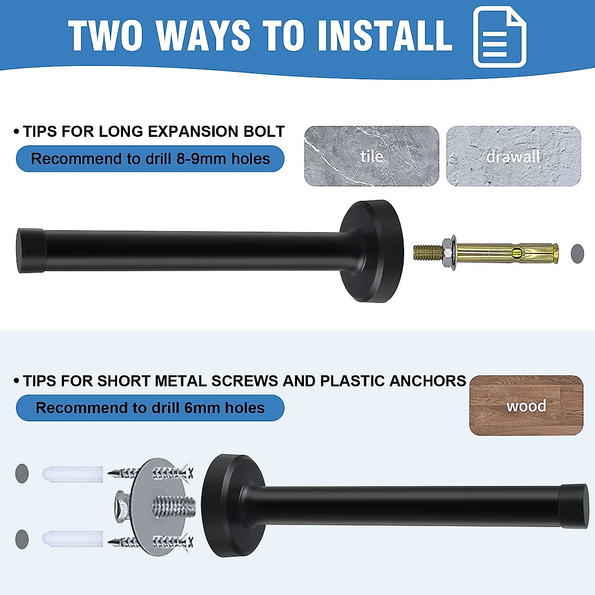 Door Stoppers, Long Door Stop for Bottom of Door, 8 Inch Door Stopper Black Wall Mounted Modern Door Holder with Rubber Bumper Tips Brushed Stainless Steel Soild Long Doorstops