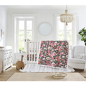 Brandream 3-Piece Crib Bedding Sets for Girls Garden Allure Blossom Floral Baby Nursery Set | Crib Comforter, Fiited Crib Sheet, White Tulle Lace Crib Bed Skirt, Pink Purple Green,100% Cotton