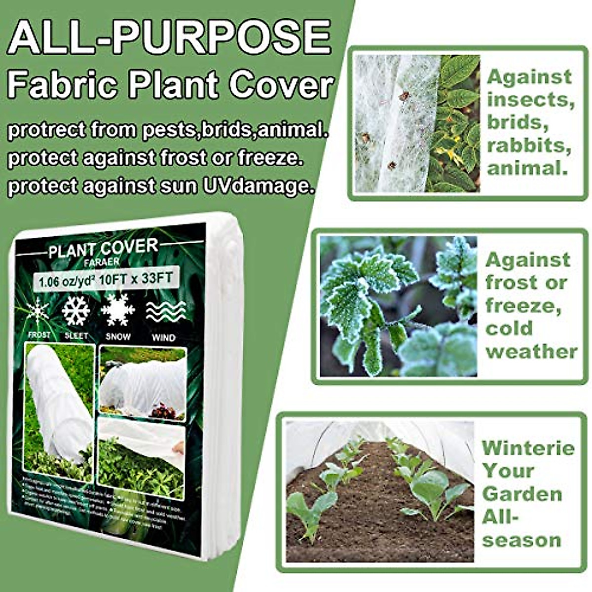 Plant Covers Freeze Protection, 10ft×33ft Reusable Rectangle Frost Protection Floating Row Cover Plant Blanket Garden Winterize Cover for Cold Weather Snow