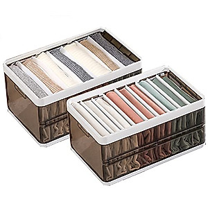 AARAINBOW Stackable Plastic Storage Bins with lids 2 Pc, Foldable Closet Clothes Organizer with Handle Wardrobe Jeans Storage Box, Clear Drawer Organizers for Cloth Toy, 18L (7+9 Grids, Clear Tawny)