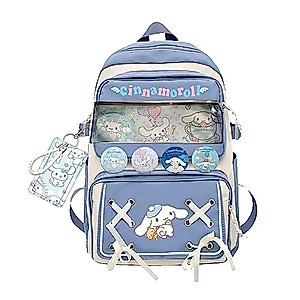 jkawzoy Japanese Cartoon Backpack, Cute Cool Book Bags for Teens Kawaii Backpacks with Kawaii Pins for Outdoor Travel Unisex Laptop Bookbags Blue