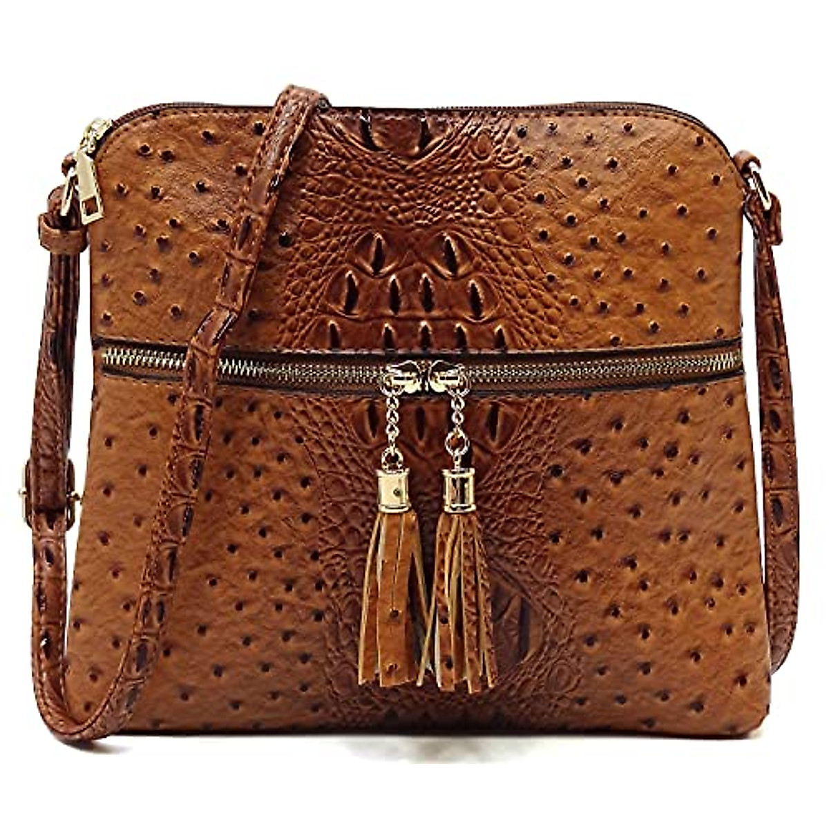 Ostrich Croc Tassel Zipper Pocket Crossbody Bag Animal Pattern Printed Shoulder Bag Womens Purse Satchel (#A-Light Brown)